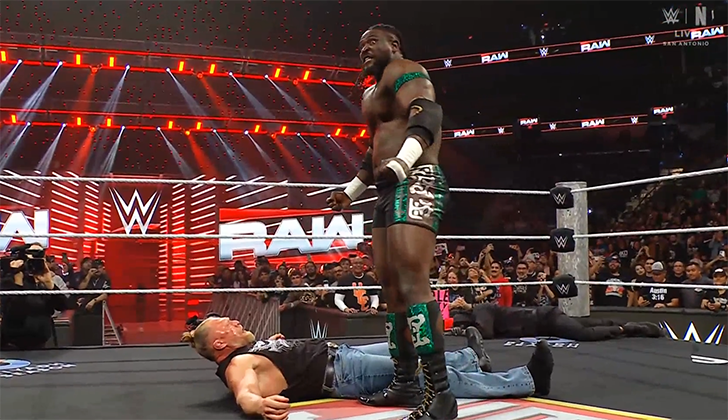 Oba Femi Answers Brock Lesnar's Open Challenge Via Powerbomb On WWE Raw ...